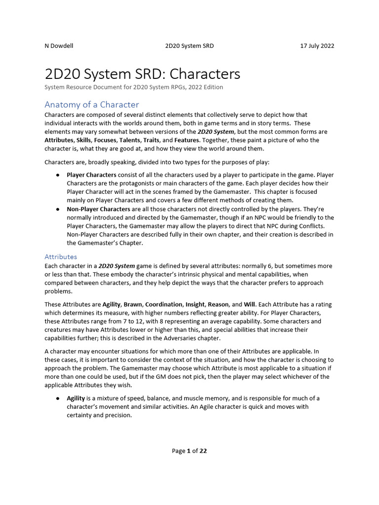 2d20 System SRD - 02 - Characters | PDF | Knowledge | Reason