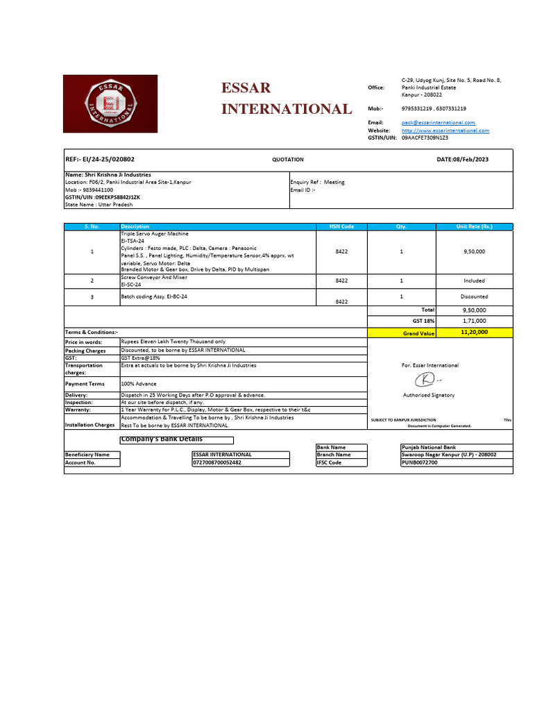 Essar International: REF:-EI/24-25/020802 | PDF