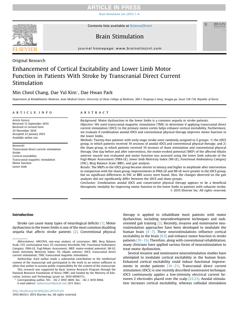Enhancement of Cortical Excitanbility and LL Motor Function in Troke ...
