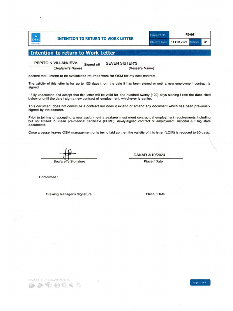 Intention To Return To Work Letter | PDF