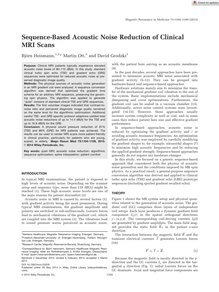 Heismann - Sequence‐based acoustic noise reduction of clinical MRI scans | PDF | Magnetic ...