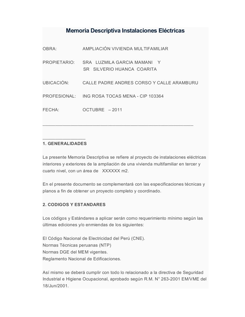 Memoria Descriptiva Instalaciones Eléctricas | PDF
