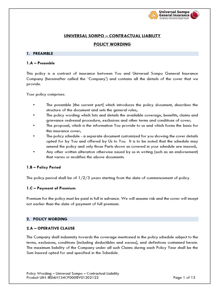 Contractual Liability Policy Wordings | PDF | Liability Insurance ...