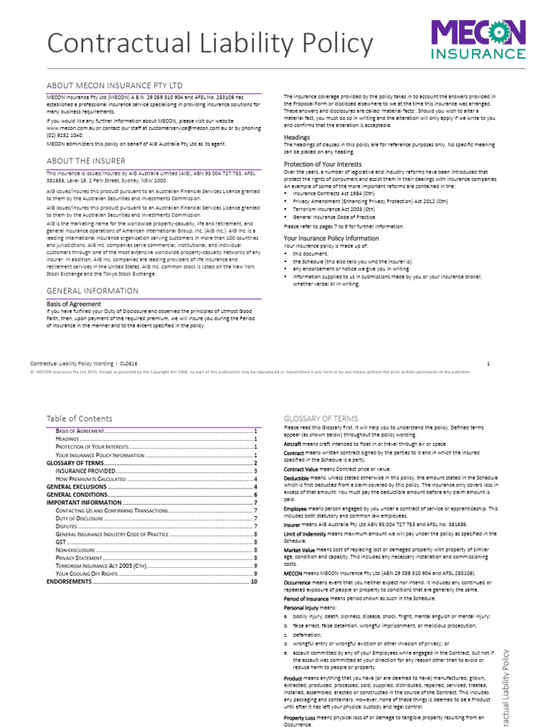 Contractual Liability Policy Wording | PDF | Indemnity | Liability ...