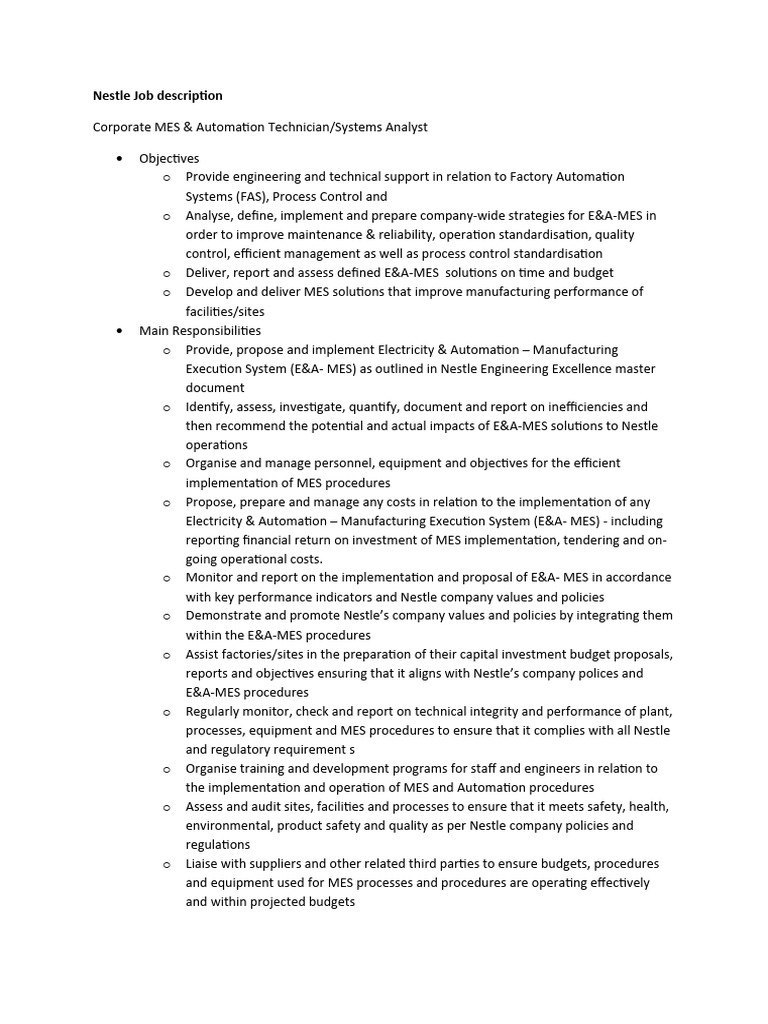 Nestle - Change Job Description | PDF | Automation | Reliability ...