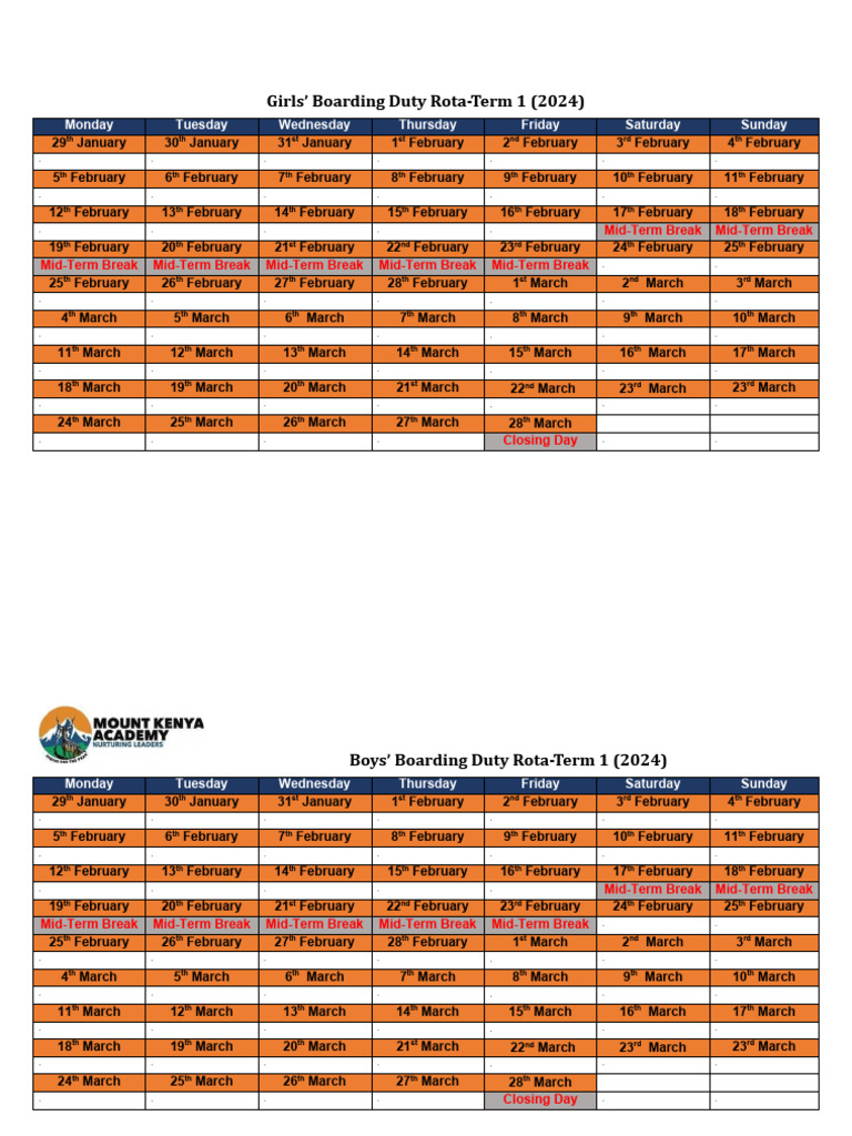 Dorms Duty Rota - MKASS - Jan-March 2024-2 | PDF