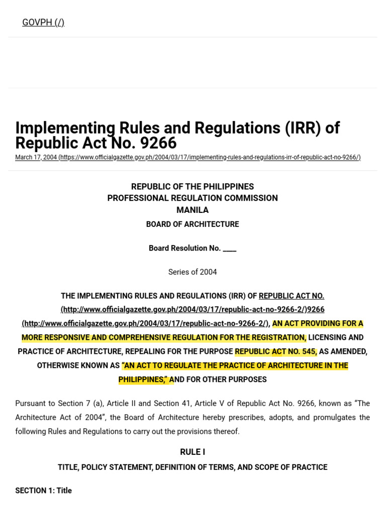 Irr Ra 9266 - Official Gazette | PDF | Licensure | Architect