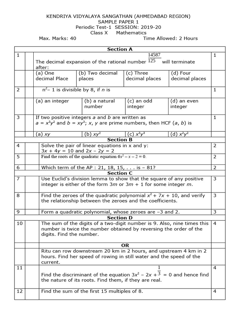 Class X Math Sample Papers 2019-20 | PDF | Quadratic Equation | Polynomial