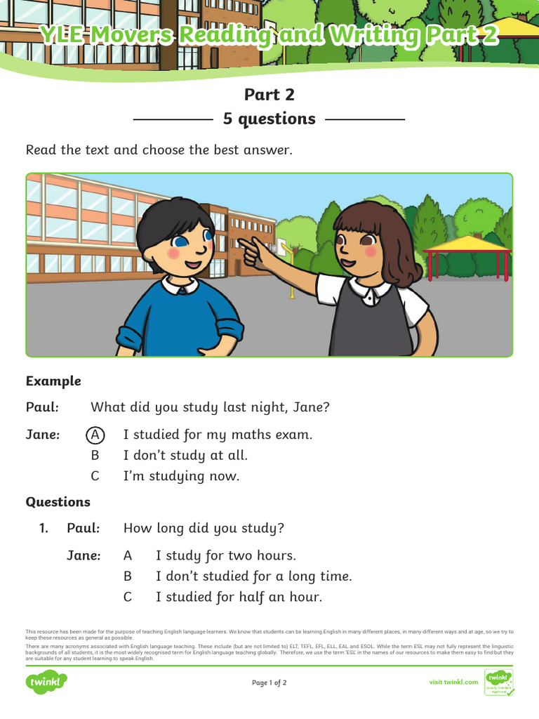T e 1681808330 Esl Yle Movers Reading and Writing Part 2 Worksheet School Kids A1 - Ver - 3 ...