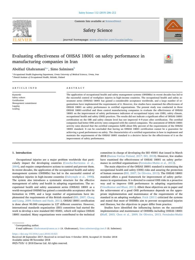 Evaluating Effectiveness of OHSAS 18001 On Safety Performance in Iran | PDF | Occupational ...
