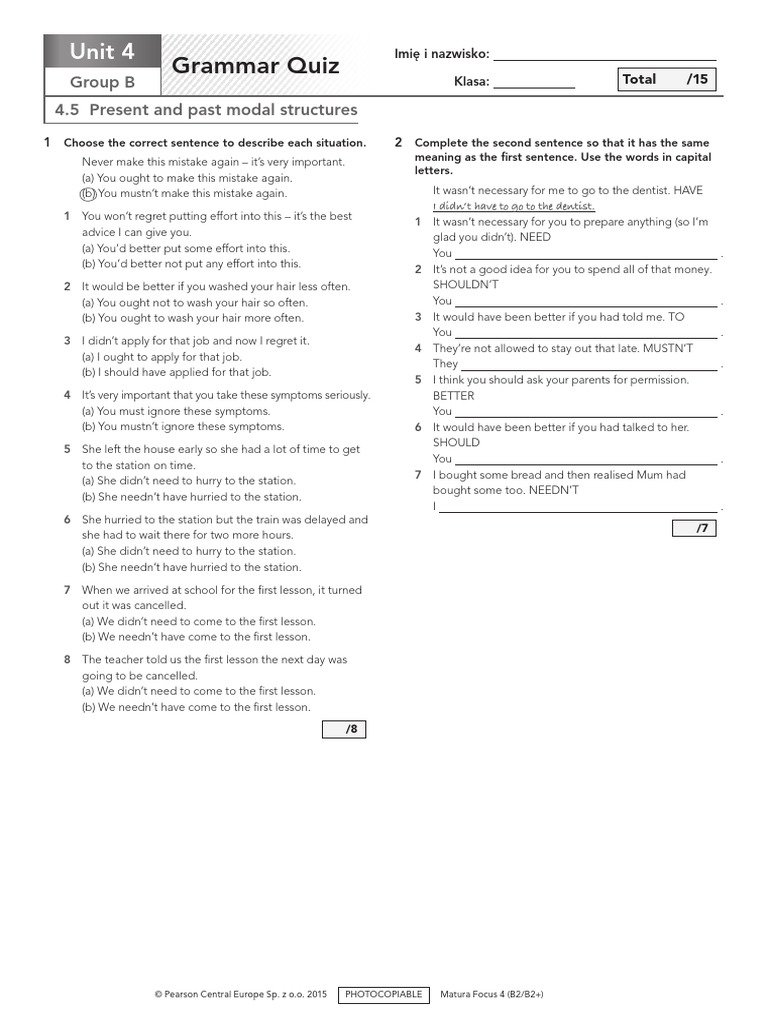 Grammar Quiz Lesson 4 5 Group B | PDF