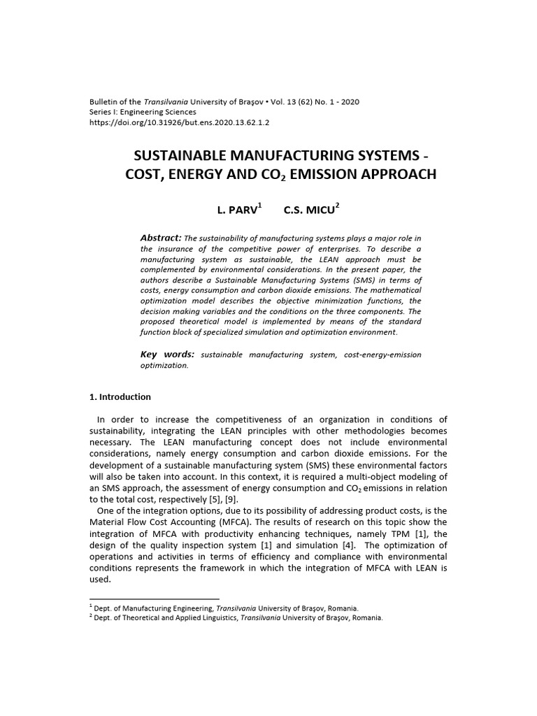 SUSTAINABLE MANUFACTURING SYSTEMS - COST, ENERGY AND CO2 EMISSION APPROACH Parv L CO 2 Si ...
