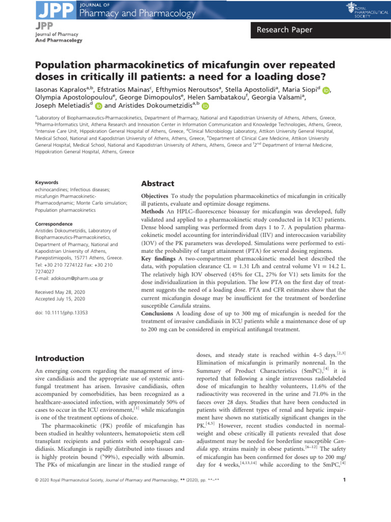 Population Pharmacokinetics of Micafungin Over Repeated Doses in Critically Ill Patients: A Need ...