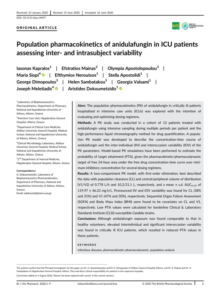 Population Pharmacokinetics of Anidulafungin in ICU Patients Assessing ...