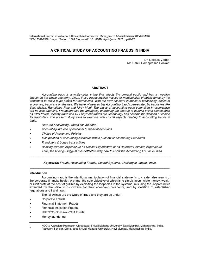 A Critical Study of Accounting Frauds in India | PDF | Internal Control ...
