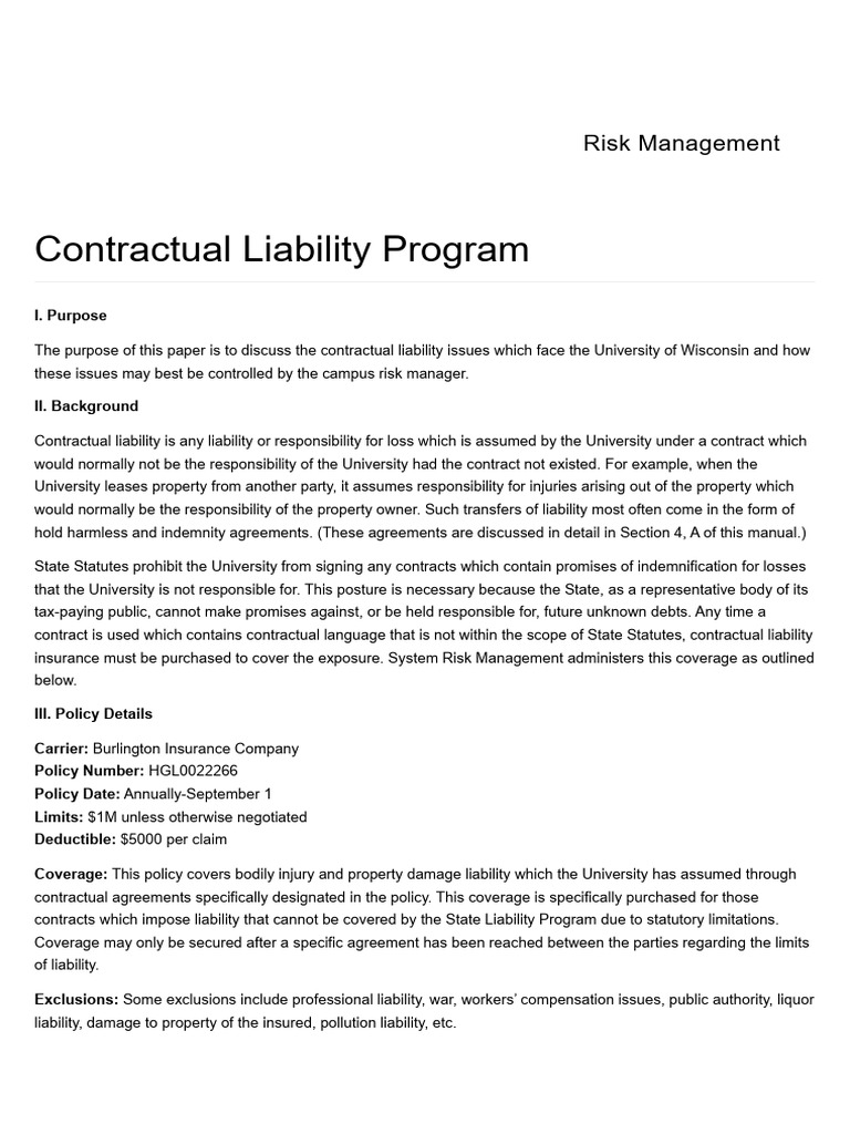 Contractual Liability Program - Risk Management | PDF | Liability ...