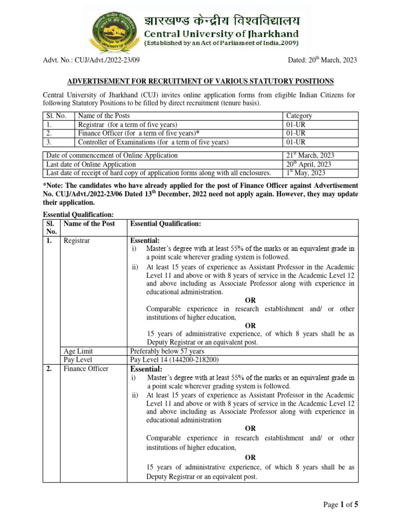 Advertisement For Recruitment of Various Statutory Positions-210323 ...
