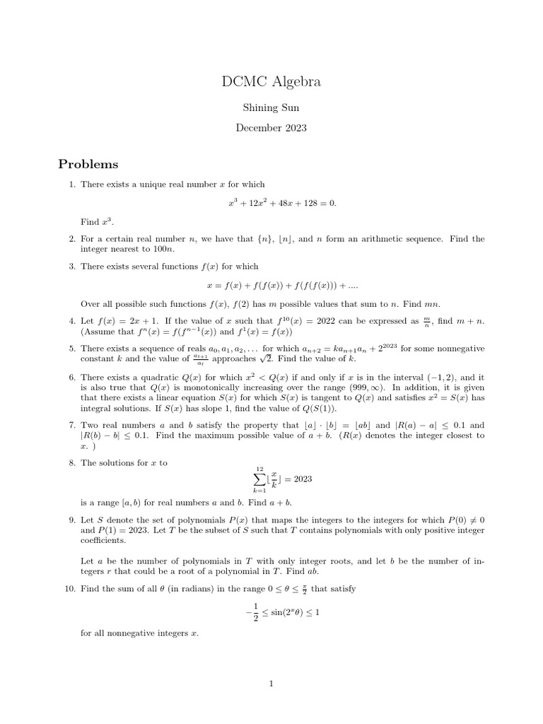 DCMC Algebra | PDF | Real Number | Function (Mathematics)