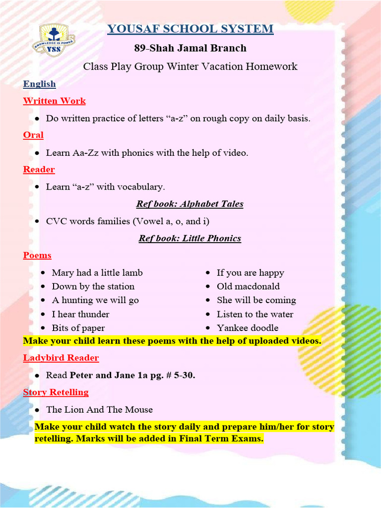 Playgroup A Winter Vacation Homework 2023 | PDF | Learning Methods ...