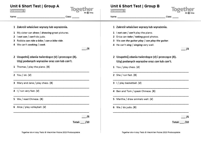 Together kl4 U6 Short Test Grammar 1 AB | PDF