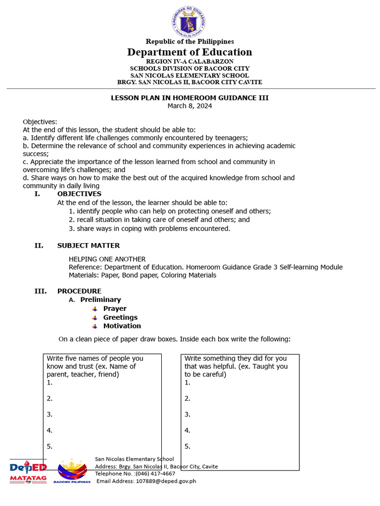 LESSON PLAN IN HOMEROOM GUIDANCE Grade 3 Mar8 | PDF | Lesson Plan ...