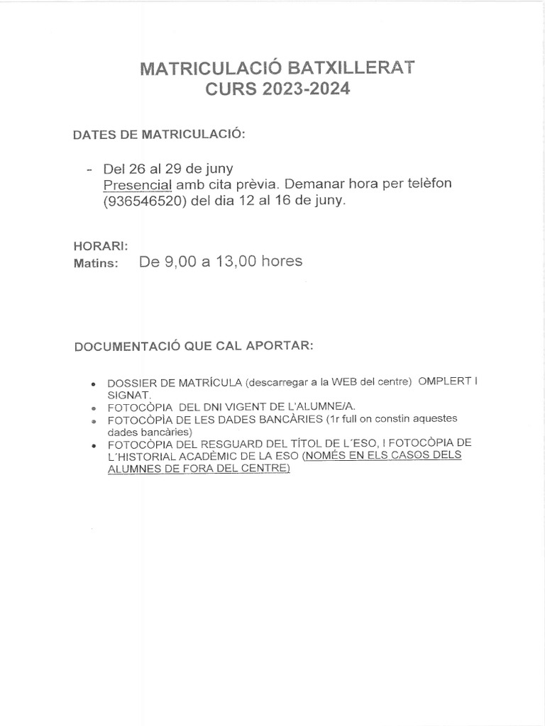 Dossier Matricula Batxillerat Curs 2023 2024 | PDF