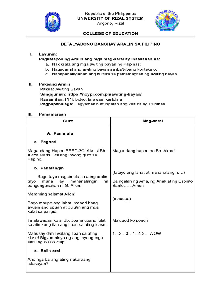 Detalyadong Banghay Aralin Sa Filipino | PDF