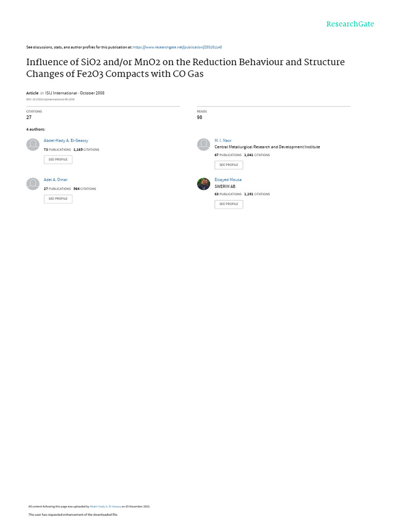 Influence of SiO2 Andor MnO2 On The Reduction Beha | PDF | Materials ...
