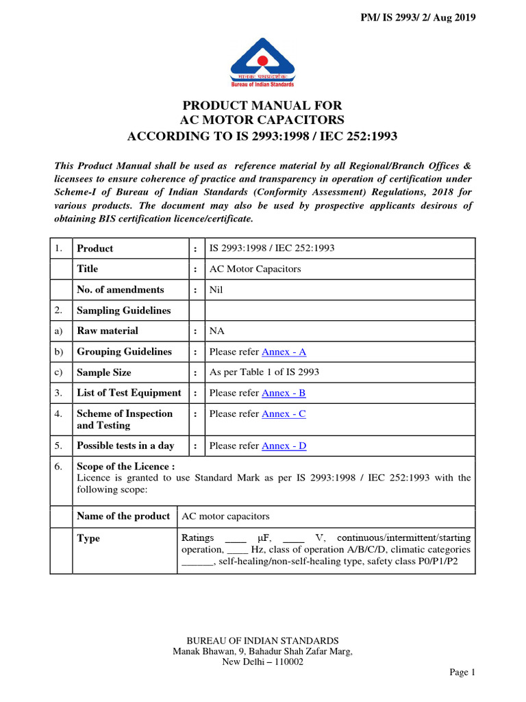 Product Manual For Ac Motor Capacitors ACCORDING TO IS 2993:1998 / IEC 252:1993 | PDF ...