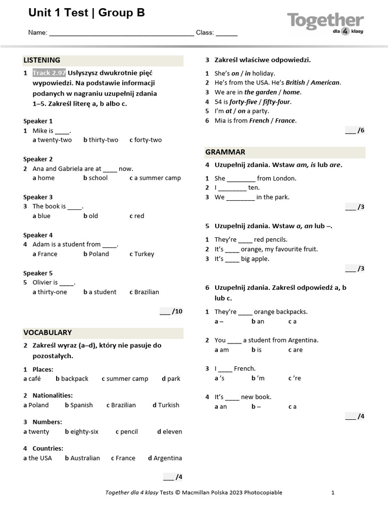 Together kl4 U1 Unit Test Standard B | PDF