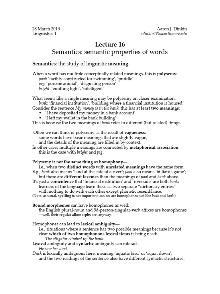 Lecture16Handout Semantics1 | PDF | Noun | Lexical Semantics