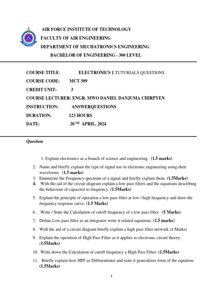 Electronics 1 Tutorial Questions MCT 309 | PDF | Field Effect ...