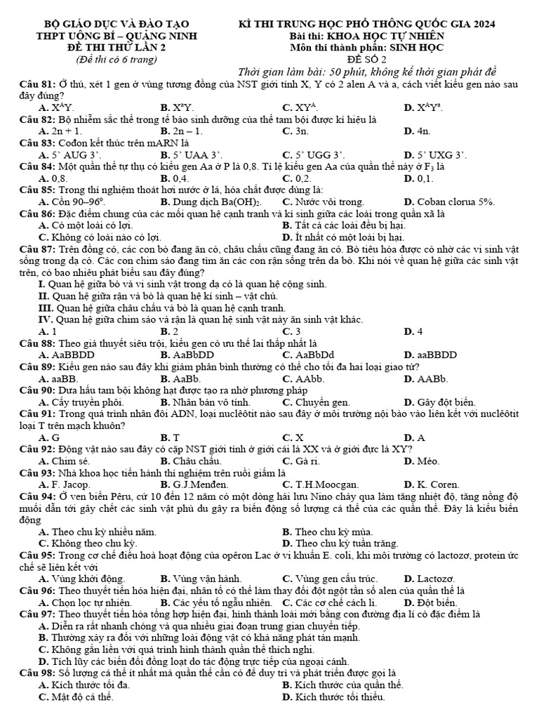 Sinh.2024 THPT Uông Bí L2 Qu NG Ninh | PDF