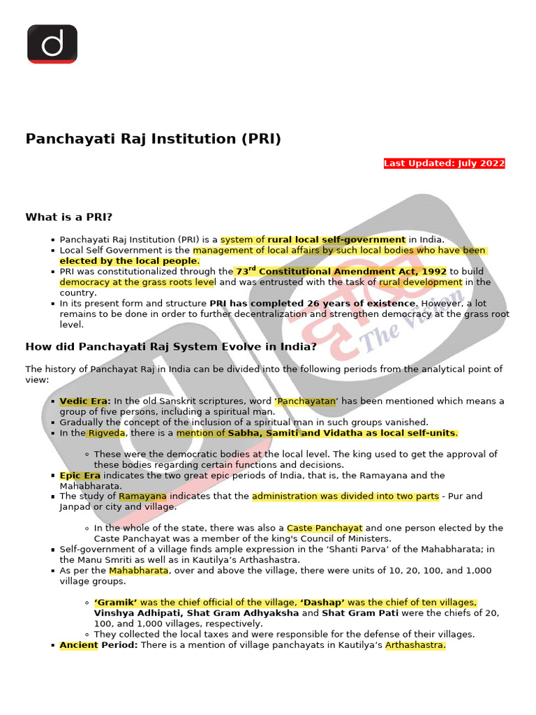 Panchayati Raj Institution (PRI) : What Is A PRI? | PDF | Government Of ...