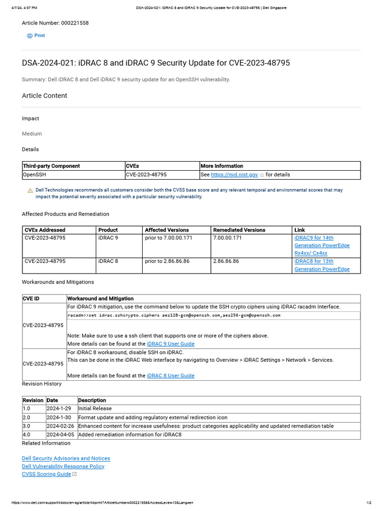 Dsa 2024 021 Idrac 8 And Idrac 9 Security Update For Cve 2023 48795