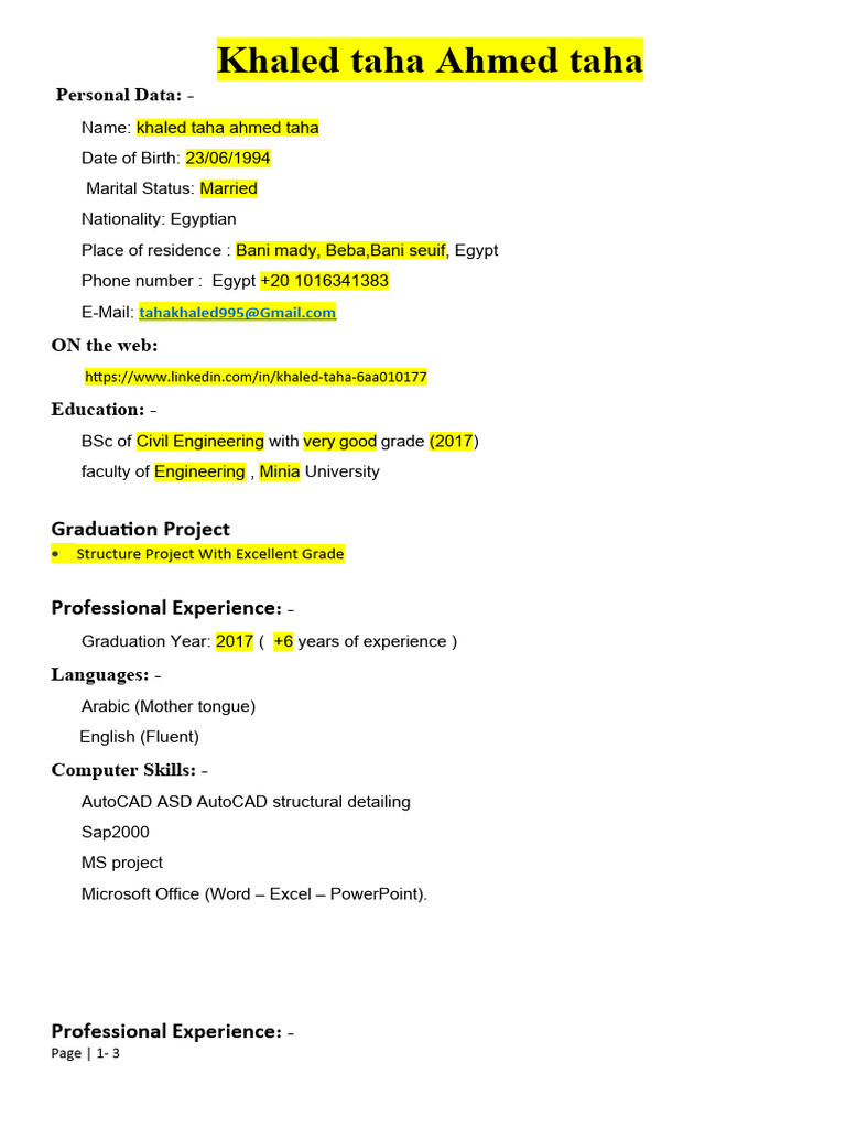 CV Khaled Taha 2017 ... | PDF | Engineer | Engineering