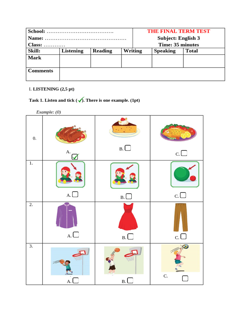 Đề cuối kì 2 tiếng anh Smart start 3 có file nghe, ma trận, đáp án ĐỀ 3 | PDF | Clothing | Fashion