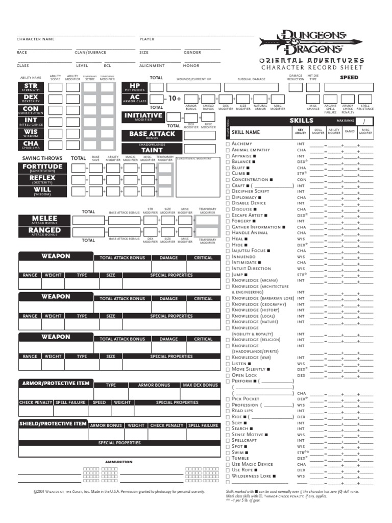 Oriental Adventures Character Sheet | PDF | Role Playing Games | Leisure