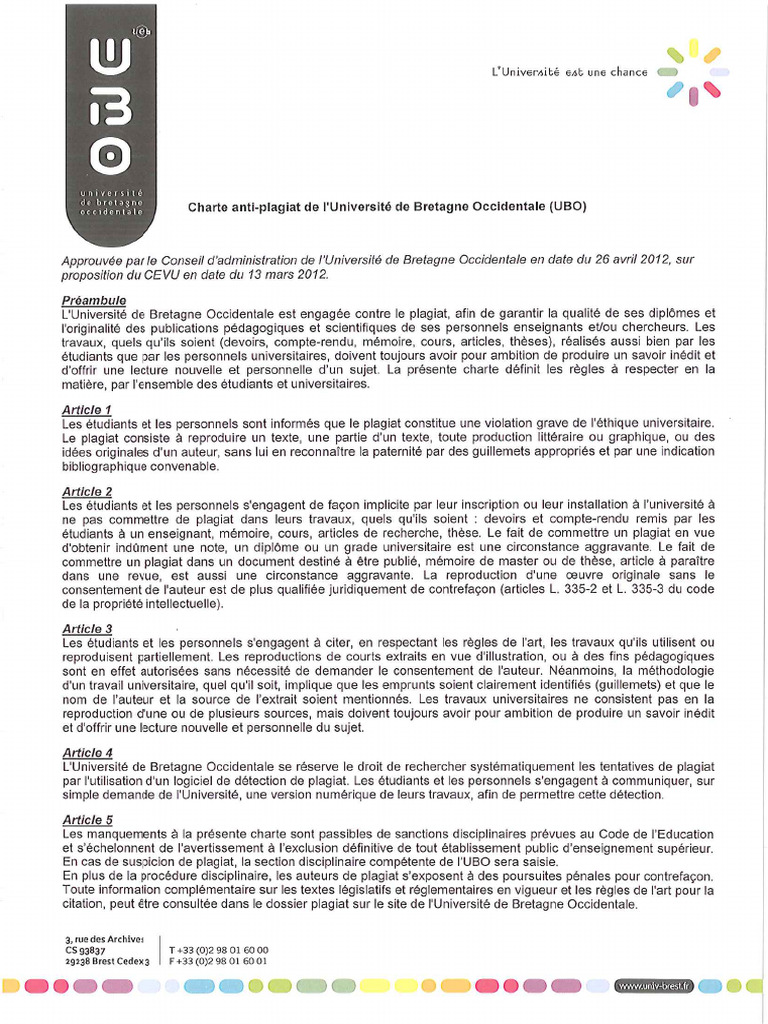 Charte Antiplagiat UBO 2012 | PDF