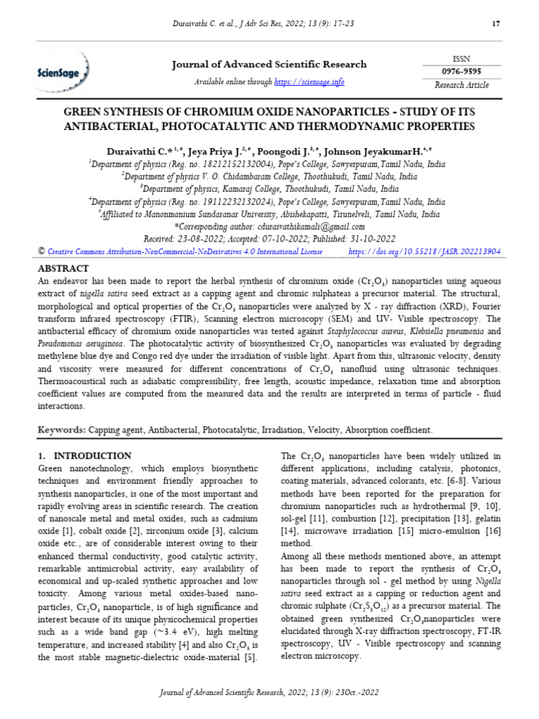 Green Synthesis of Chromium Oxide Nanoparticles | PDF | Nanoparticle ...