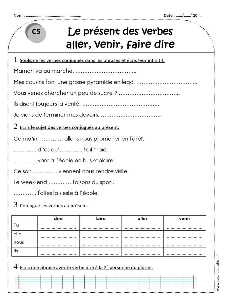 Aller Venir Faire Dire Verbes Au Présent Ce1 Exercices Avec Correction ...