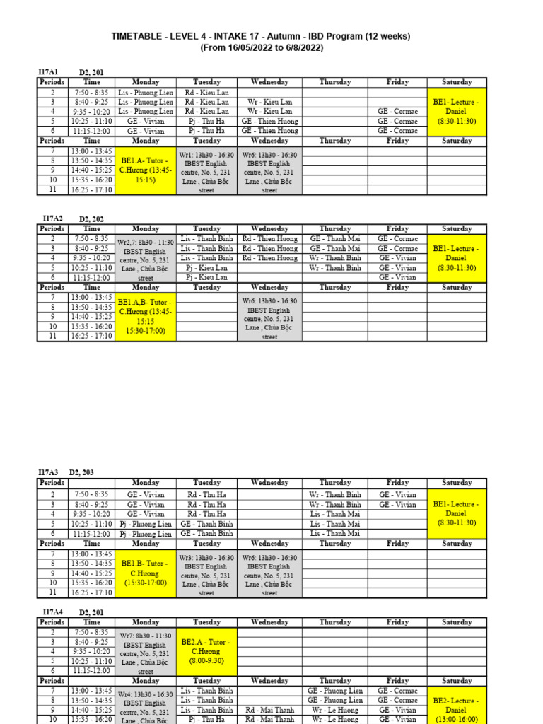 Timetable - English Level 4 | PDF