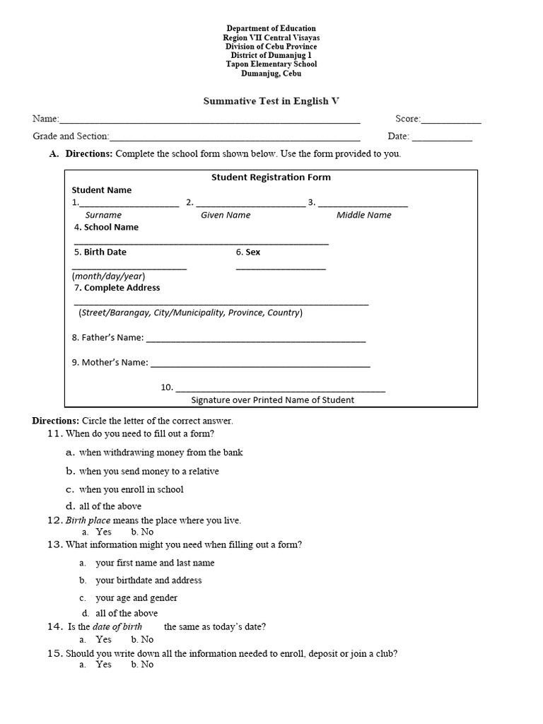 Summative Test for English V Students | PDF
