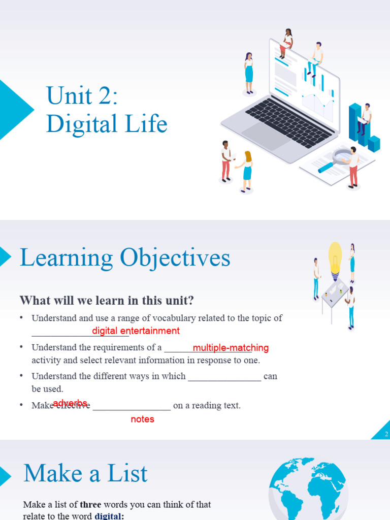 Digital Life: Learning Objectives & Activities | PDF | Adverb | Adjective