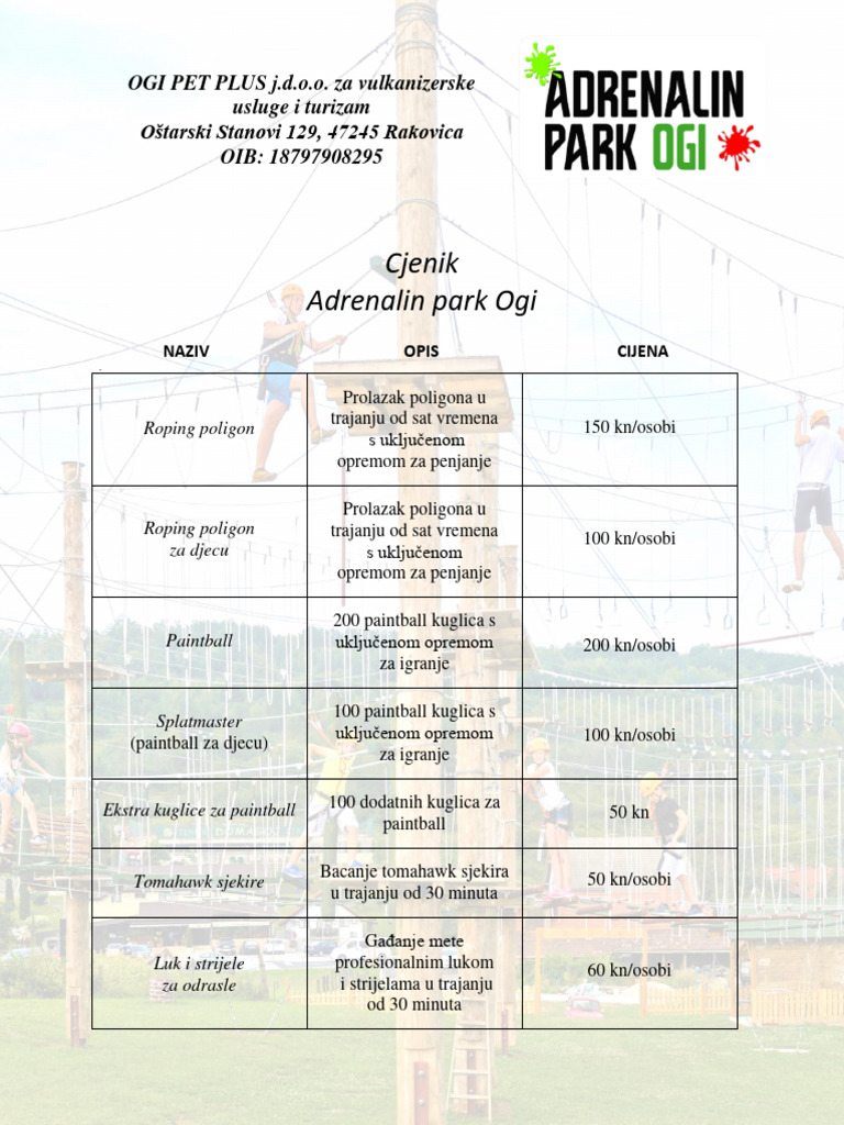 Cjenik Adrenalin Park HR | PDF