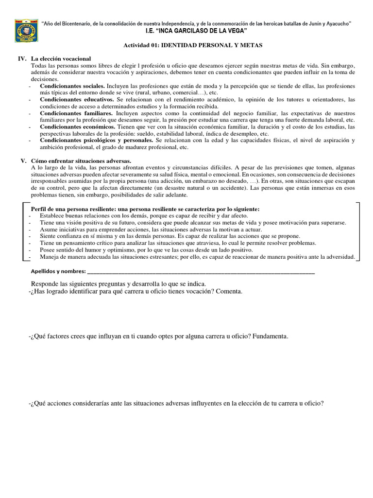 Ficha Sesión 01 - IDENTIDAD PERSONAL Y METAS 05 de Abril 4to DPCC | PDF | Psicología Social ...