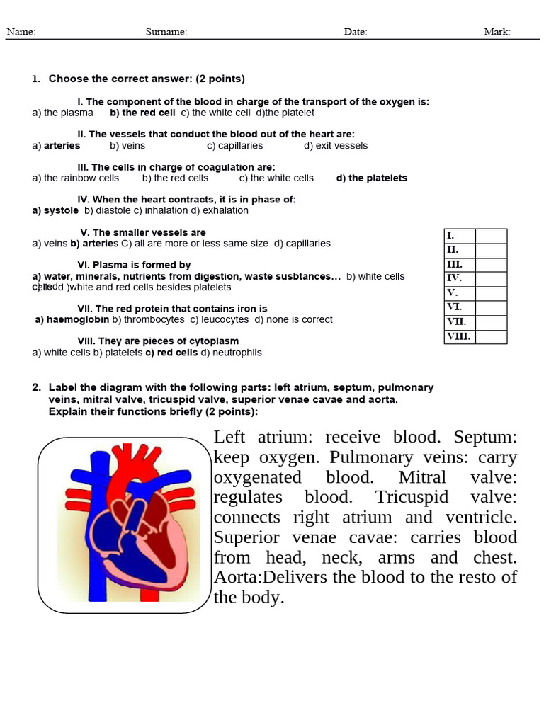 Blood Components and Functions Quiz | PDF | Heart Valve | Blood