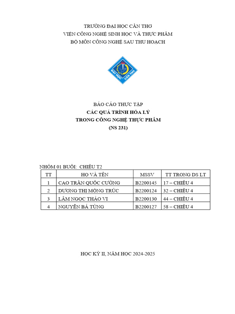 Báo Cáo TT Các Quá Trình Hóa Lý Trong CNTP | PDF