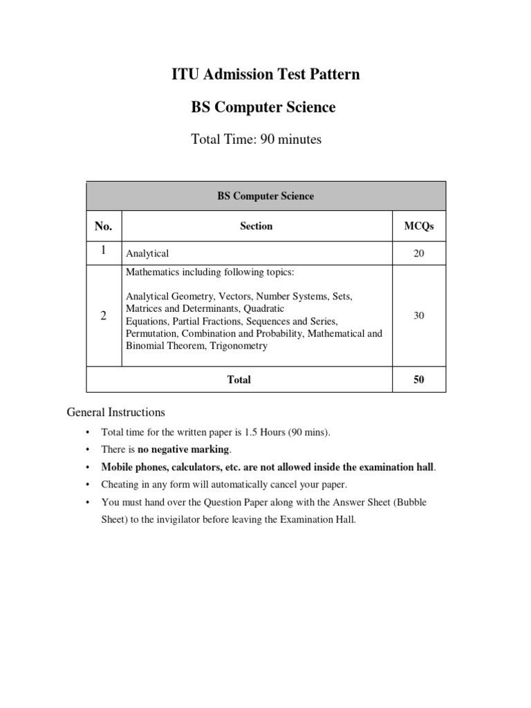 ITU Admission Test Pattern 2023 BSCS | PDF
