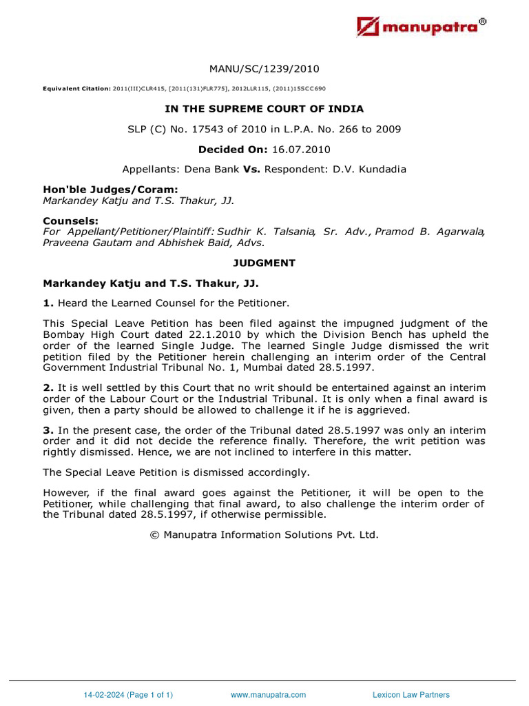 Dena Bank vs. D.V. Kundadia Ruling | PDF